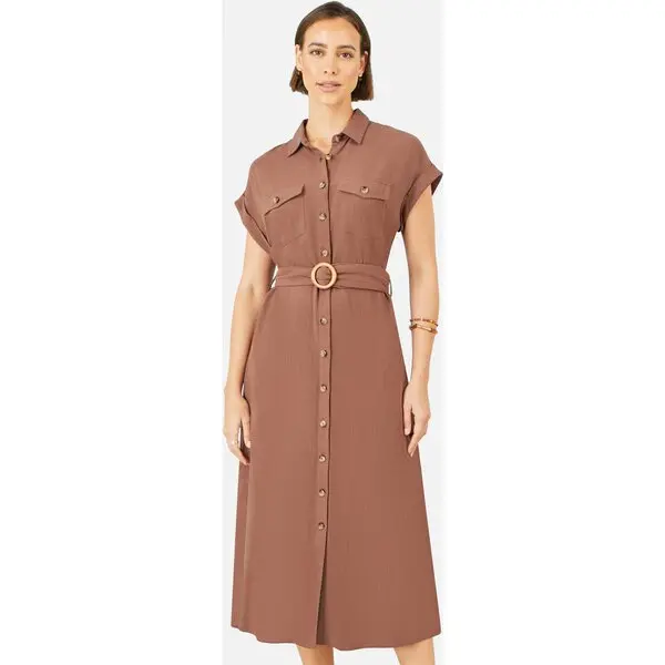 YUMI Linen Look Midi Shirt Dress With Wooden Belt - Brown