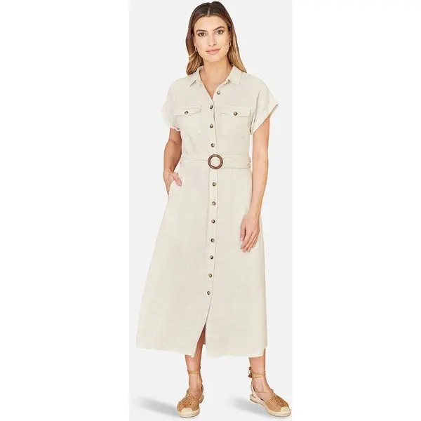 YUMI Linen Look Midi Shirt Dress With Wooden Belt - Natural