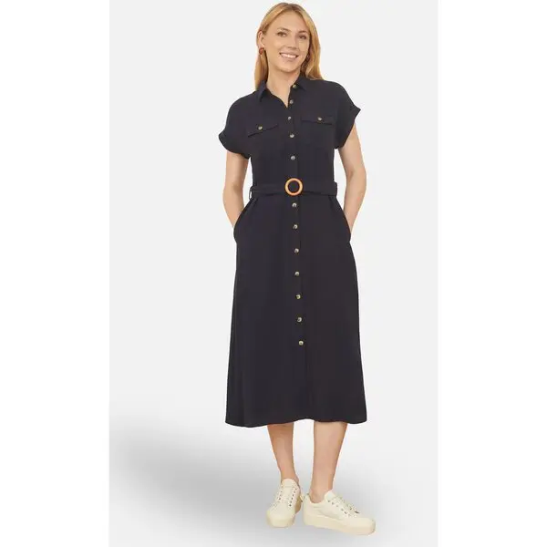 YUMI Viscose Linen Look Midi Shirt Dress - Navy