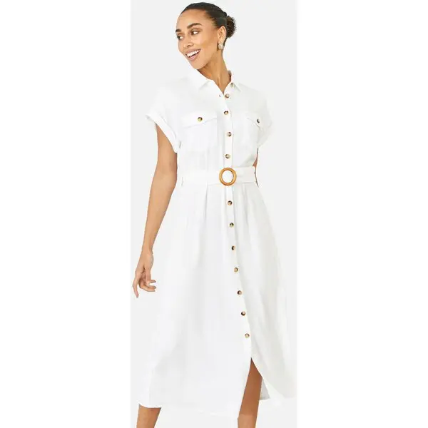 YUMI Viscose Linen Look Midi Shirt Dress - White