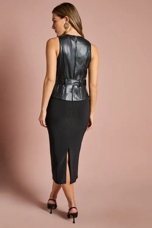 Coast Pu Bodice Pencil Midi Dress With Belt