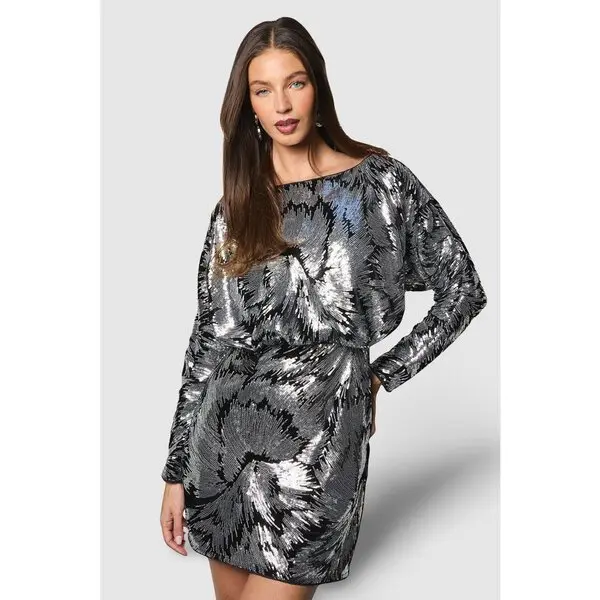 Coast Floral Sequin Batwing Mini Dress - Black