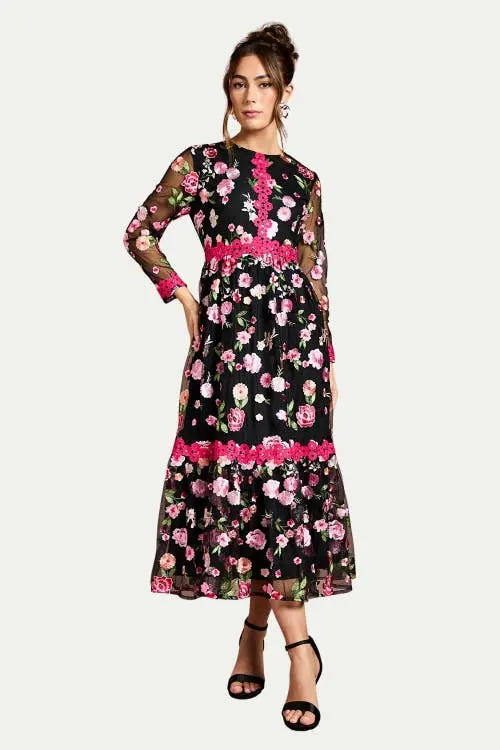 Coast Embroidered Floral Midi Dress - Black