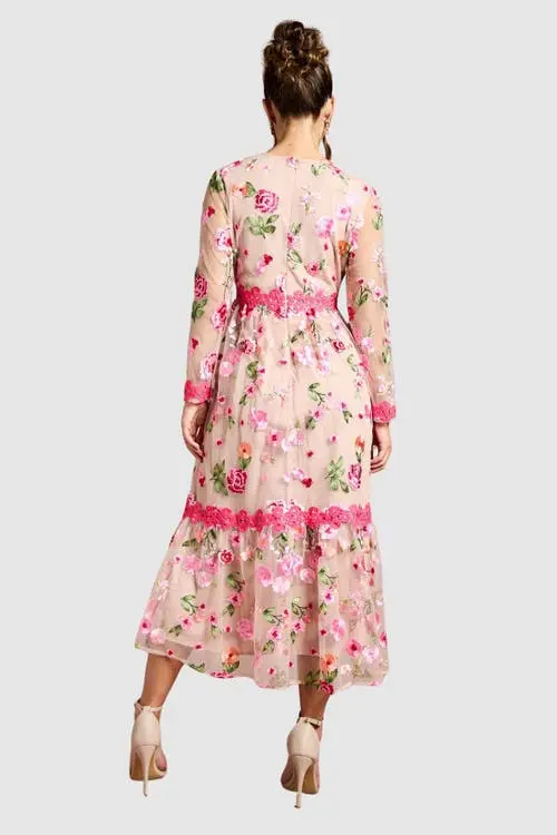 Coast Embroidered Floral Midi Dress - Nude