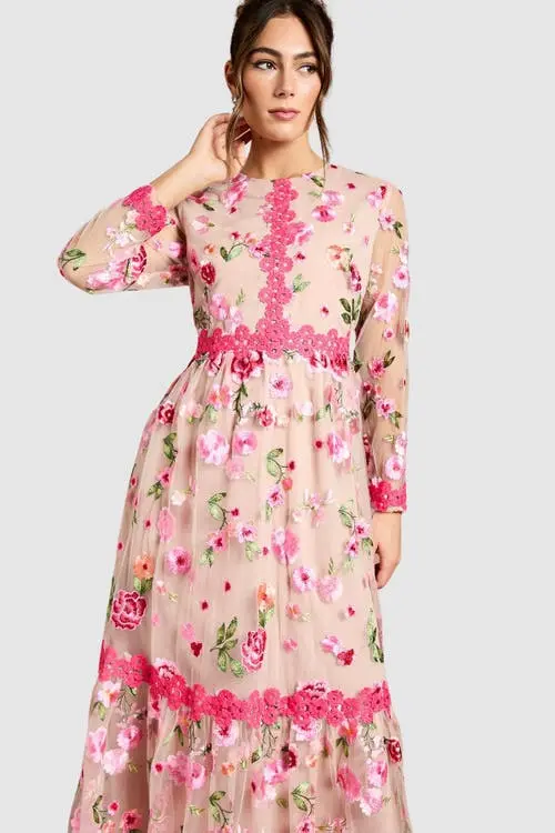 Coast Embroidered Floral Midi Dress - Nude