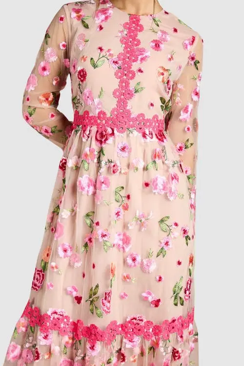Coast Embroidered Floral Midi Dress - Nude