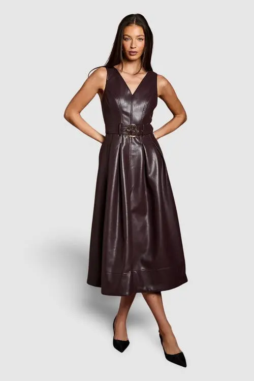 Coast Sleeveless V-neck Belted Pu Dress - Brown