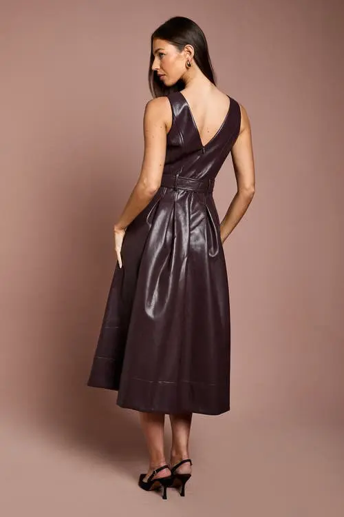 Coast Sleeveless V-neck Belted Pu Dress - Brown
