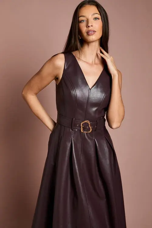 Coast Sleeveless V-neck Belted Pu Dress - Brown