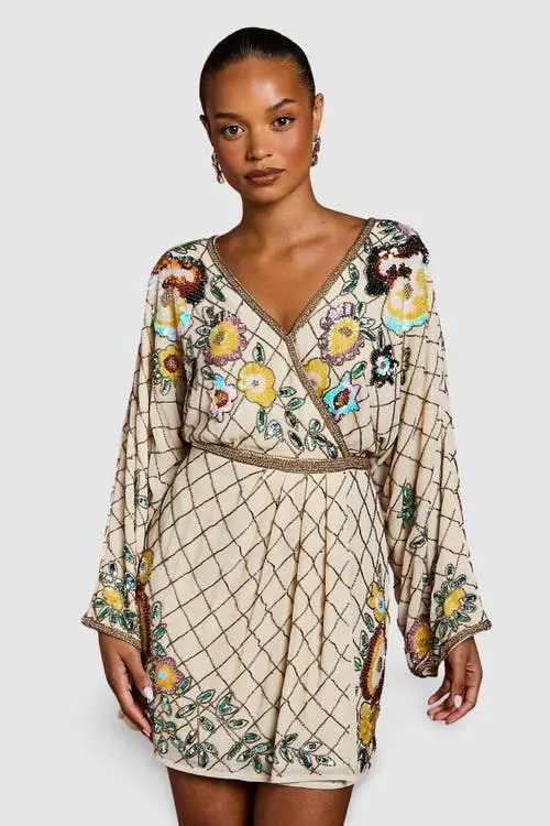 Coast Petite Embellished Wrap Mini Dress - Champagne