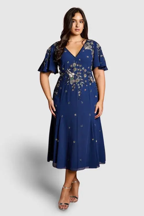 Coast Plus Floral Embellished Midi Dress - Navy