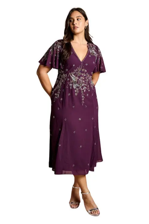 Coast Plus Floral Embellished Midi Dress - Wine