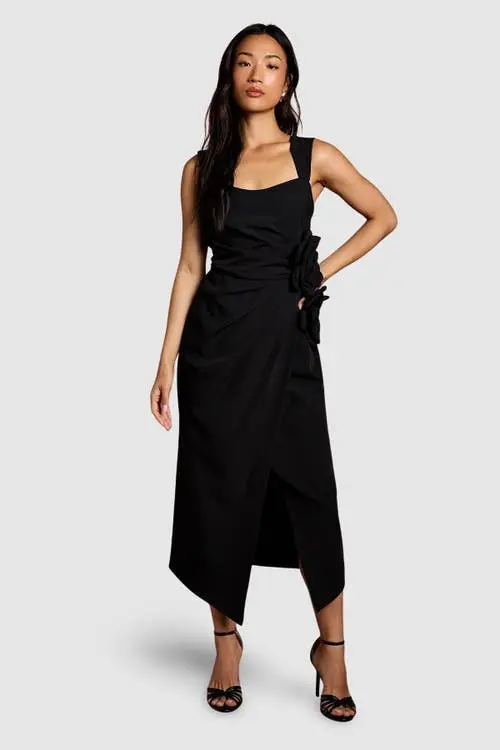 Coast Corsage Pleated Pencil Midi Dress - Black