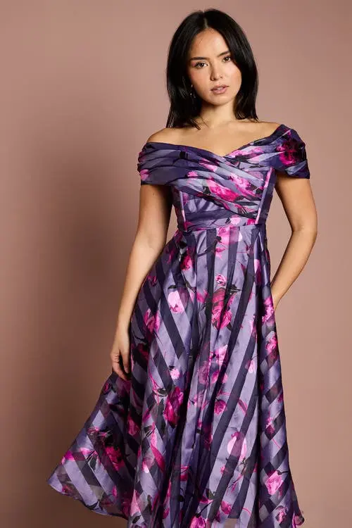 Coast Petite Stripe Organza Bardot Midi Dress - Purple