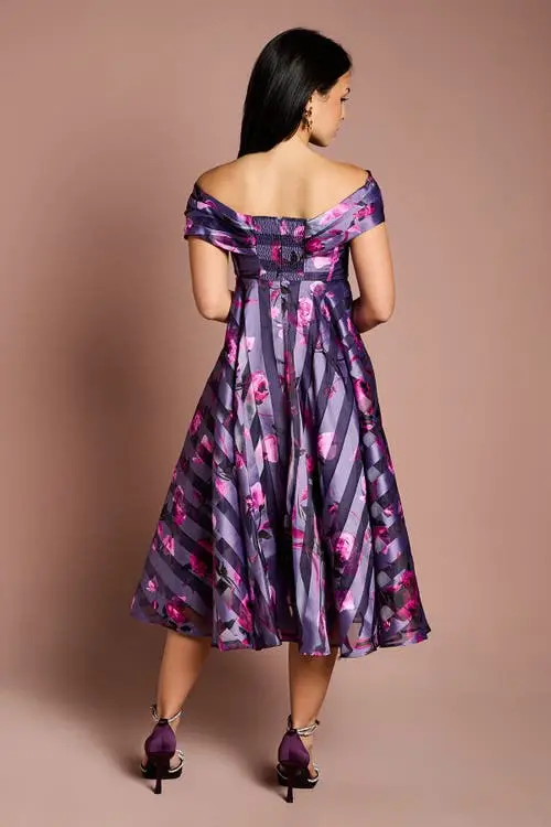 Coast Petite Stripe Organza Bardot Midi Dress - Purple