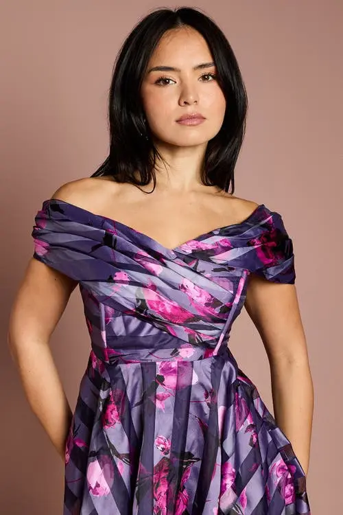 Coast Petite Stripe Organza Bardot Midi Dress - Purple