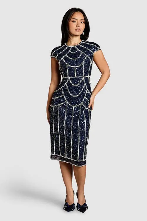 Coast Petite Embellished Geometric Midi Dress - Navy