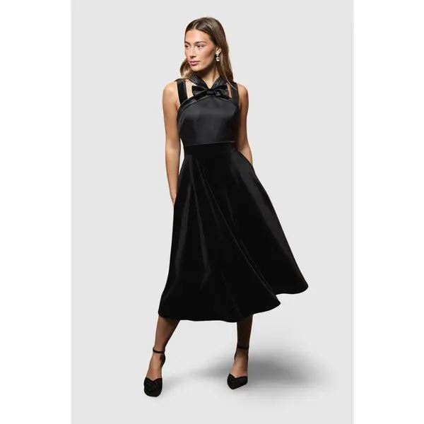 Coast Halterneck Bow Velvet Midi Dress - Black