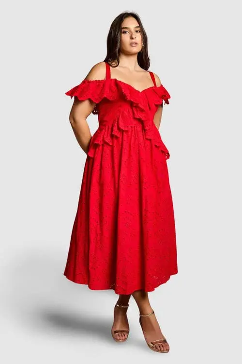 Coast Broderie Cold Shoulder Frill Midi Dress - Red