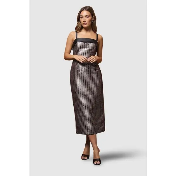 Coast Muse Beaded Sequin Midi Dress - Mocha