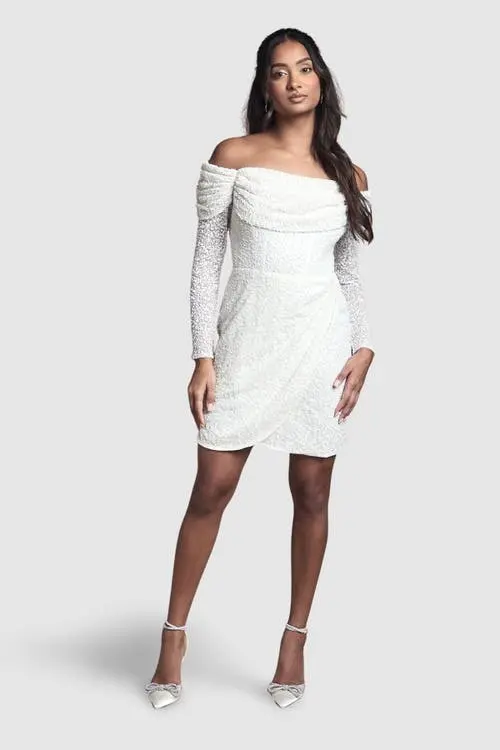 Coast Bardot Long Sleeve Sequin Mini Dress - Ivory