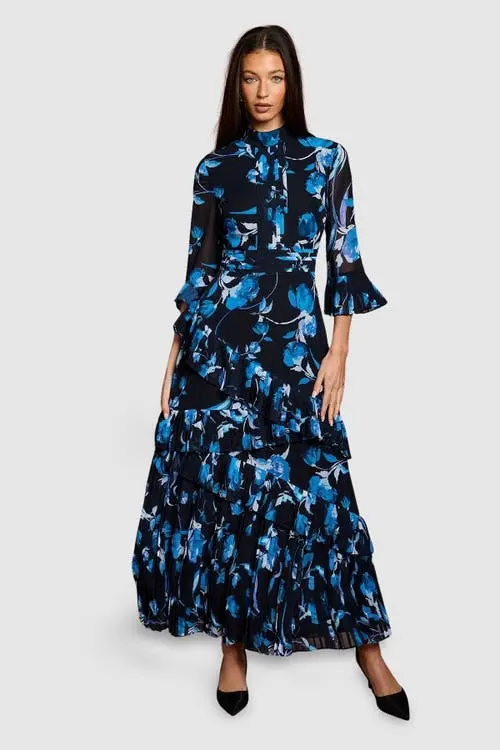 Coast Pleated Frill Chiffon Maxi Dress - Navy