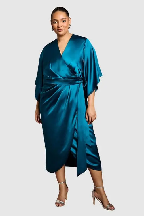Coast Satin Wrap Midi Dress - Teal