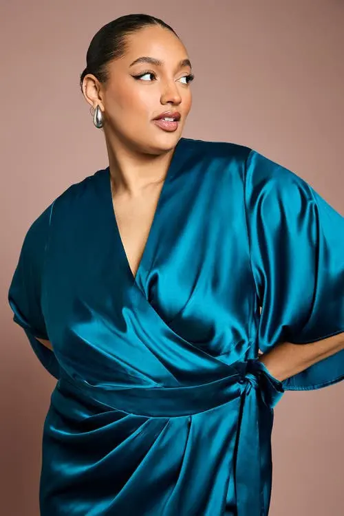 Coast Satin Wrap Midi Dress - Teal