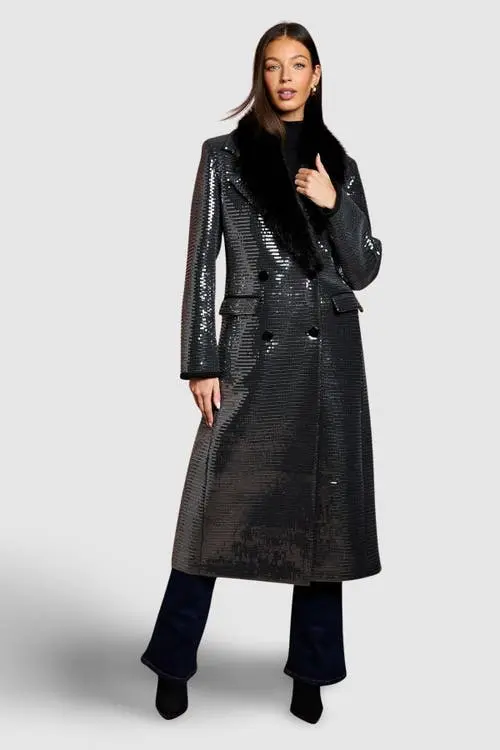 Coast Faux Fur Collar Sequin Longline Coat - Black