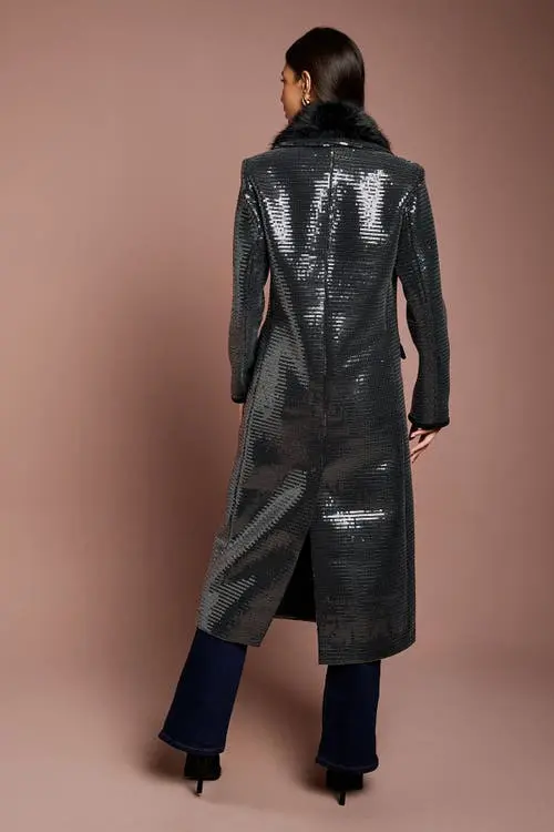 Coast Faux Fur Collar Sequin Longline Coat