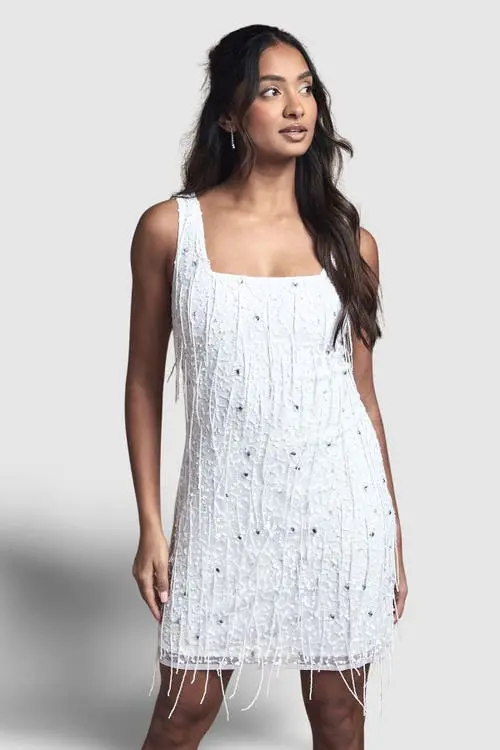 Coast Sequin Fringe Bridal Mini Dress - Ivory