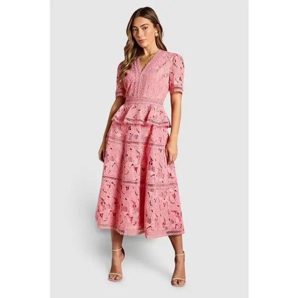 Coast V Neck Tiered Lace Midi Dress - Coral