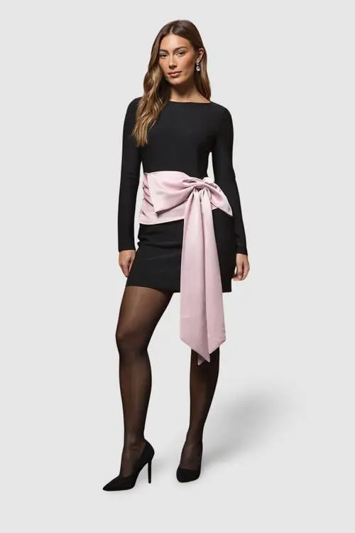 Coast Satin Bow Long Sleeve Mini Dress - Black