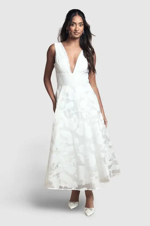 Coast Plunge V-neck Jacquard Midi Dress - Ivory