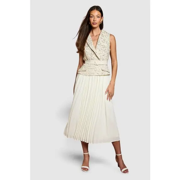 Coast Sleeveless Tweed Belted Midi Dress - Ivory