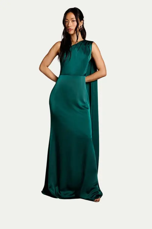 Coast One Shoulder Maxi Dress With Cape Effect - Emerald