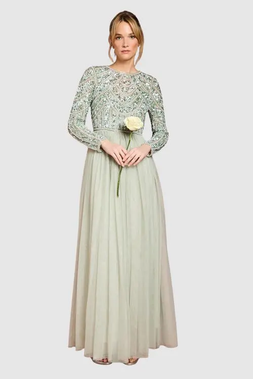 Coast Embellished Sequin Bodice Tulle Skirt Maxi Dress - Sage