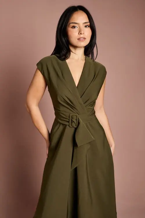 Coast Petite Belted Crepe Dress - Olive