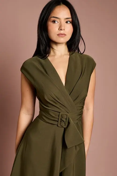 Coast Petite Belted Crepe Dress - Olive