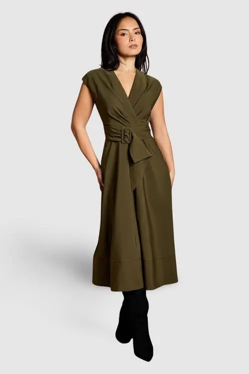 Coast Petite Belted Crepe Dress - Olive