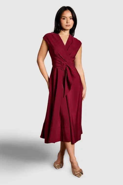 Coast Petite Belted Crepe Dress - Wine