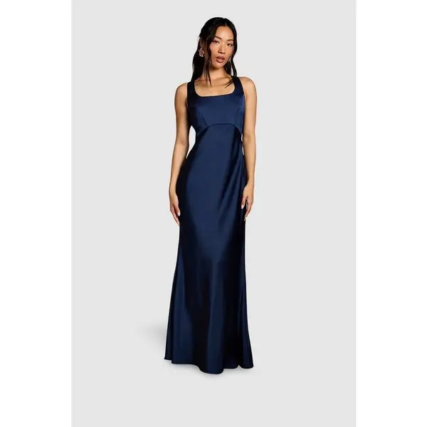Coast Square Neck Satin Maxi Dress With Bow Detail - Navy