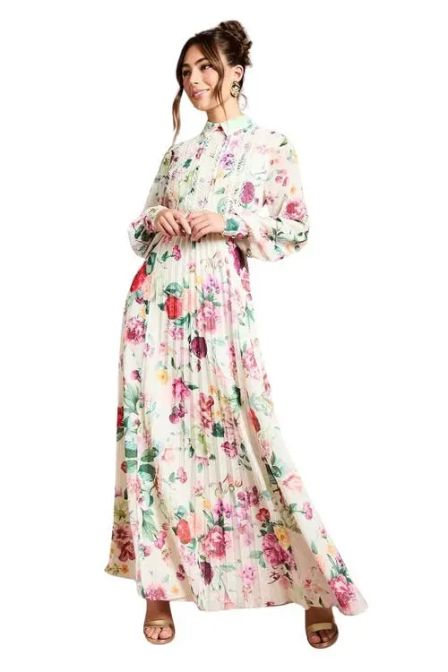 Coast Pleated Lace Trim Midi Dress - Multi