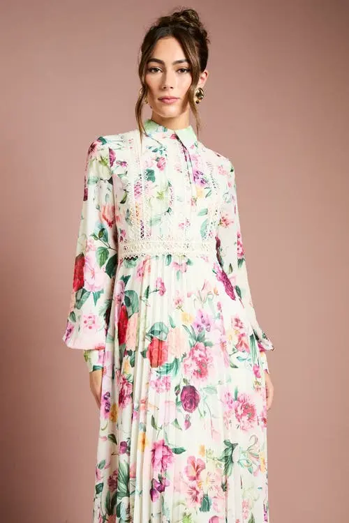 Coast Pleated Lace Trim Midi Dress