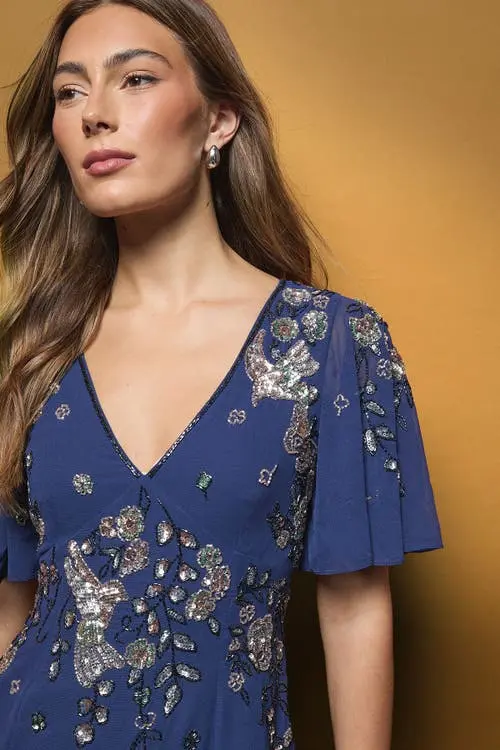 Coast Floral Embellished Flutter Sleeve Midi Dress - Blue