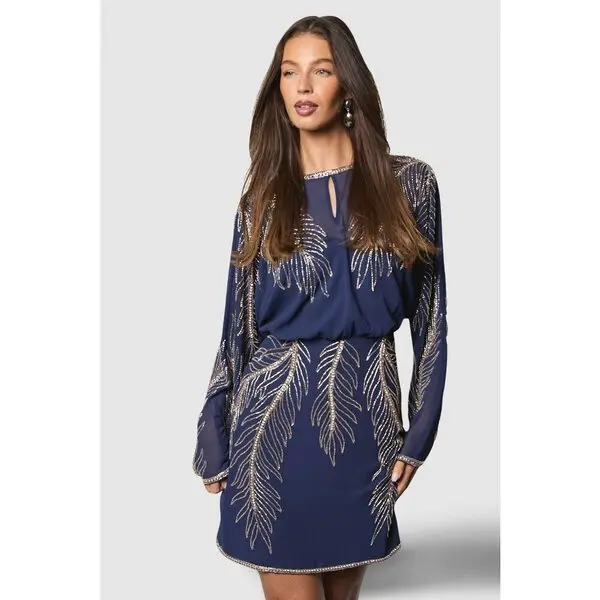 Coast Feather Embellished Mini Dress - Navy