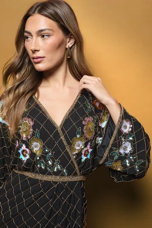 Coast Floral Embellished Wrap Mini Dress - Black