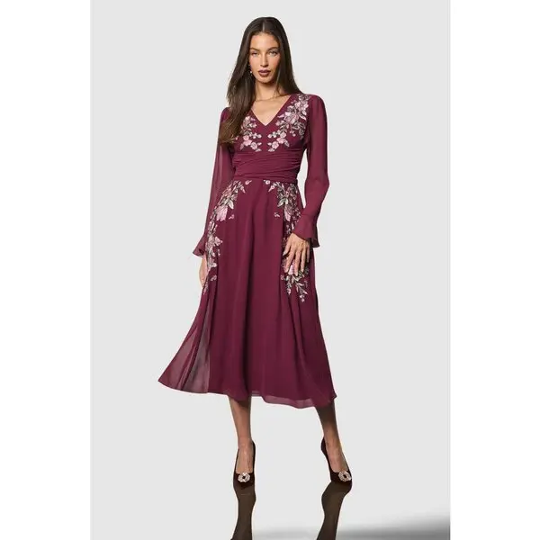 Coast Wrap Waist Embroidered Midi Dress - Wine