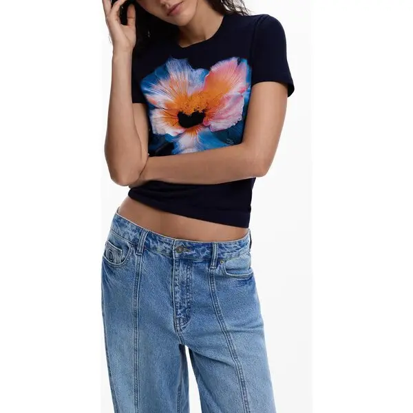 Desigual Embroidered Pansy Cotton Graphic T-shirt - Navy Blue