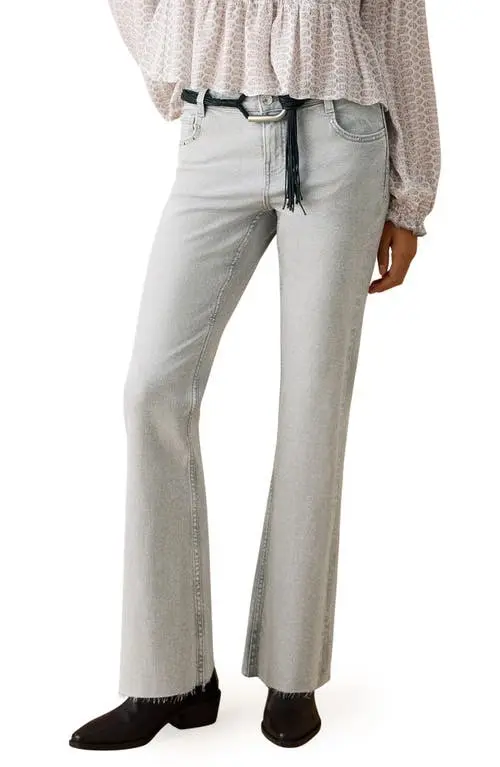 Mango Studded Raw Hem Mid Rise Crop Flare Jeans - Light Denim Grey